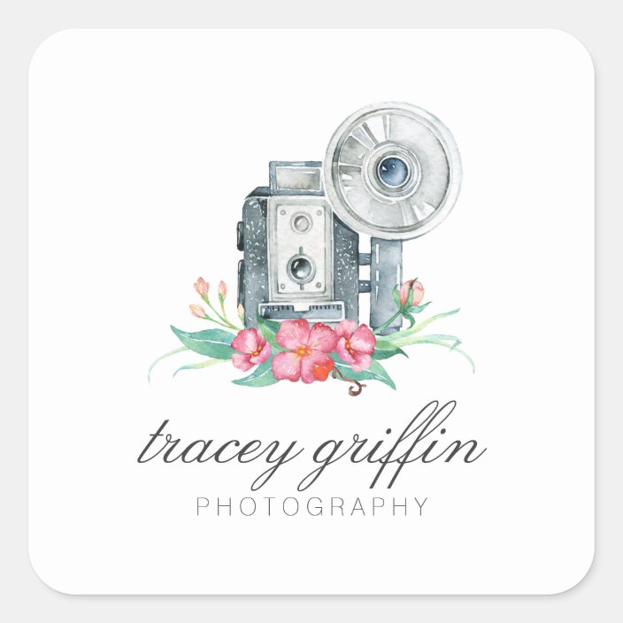 Vintage Watercolor Camera and Flowers Square Sticker | Zazzle.com