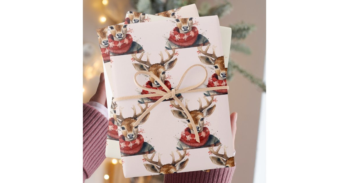 Vintage Watercolor Deer &. Merry Christmas Wrapping Paper Sheets | Zazzle