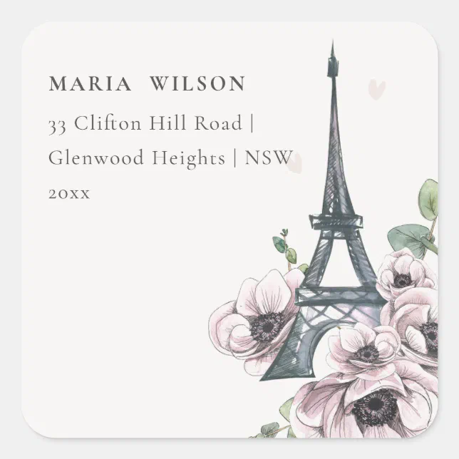 Vintage Watercolor Eiffel Tower Floral Address Square Sticker | Zazzle