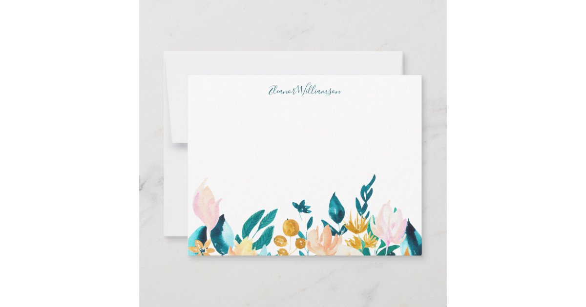 Vintage Watercolor Floral Personalized Jade Green Note Card | Zazzle