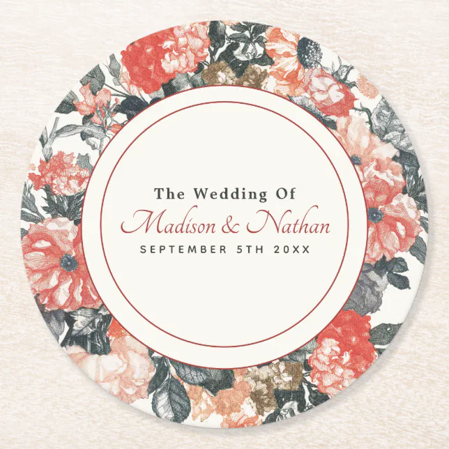Vintage Watercolor Floral Wedding Round Paper Coaster | Zazzle