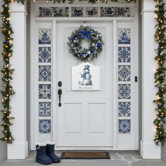 Vintage Watercolor Snowman in Delft Blue Christmas Door Sign | Zazzle