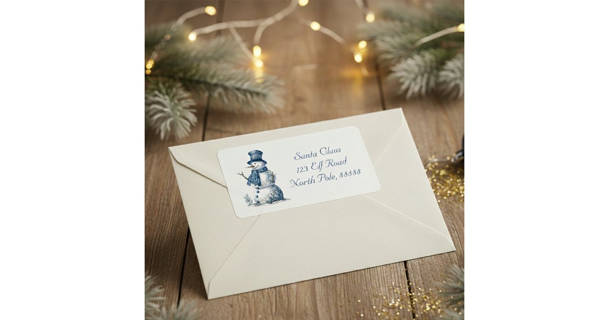 Vintage Watercolor Snowman in Delft Blue Christmas Label | Zazzle