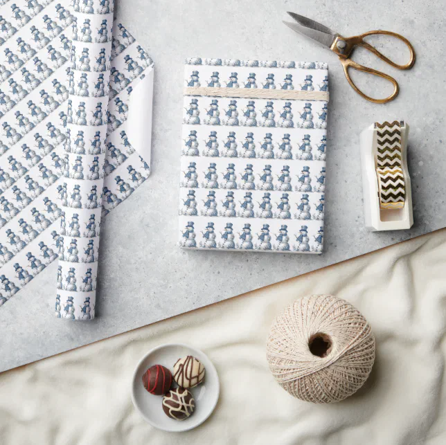 Vintage Watercolor Snowman in Delft Blue Christmas Wrapping Paper | Zazzle