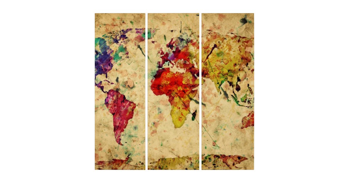 Vintage Watercolor World Map Triptych | Zazzle