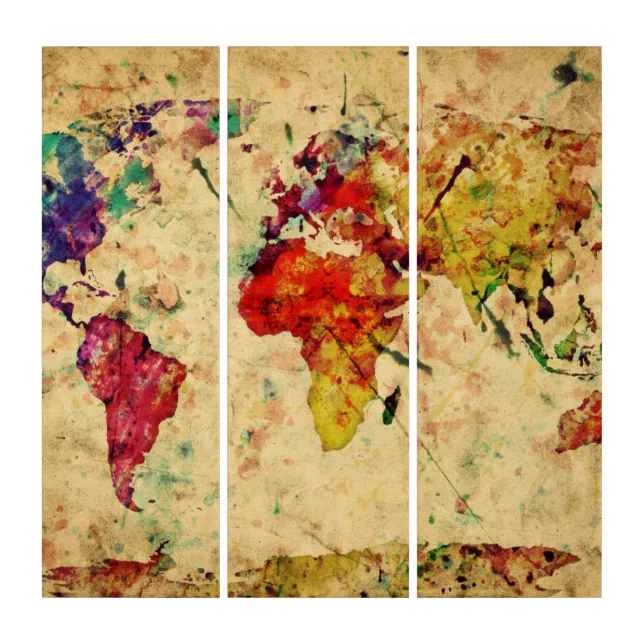Vintage Watercolor World Map Triptych | Zazzle