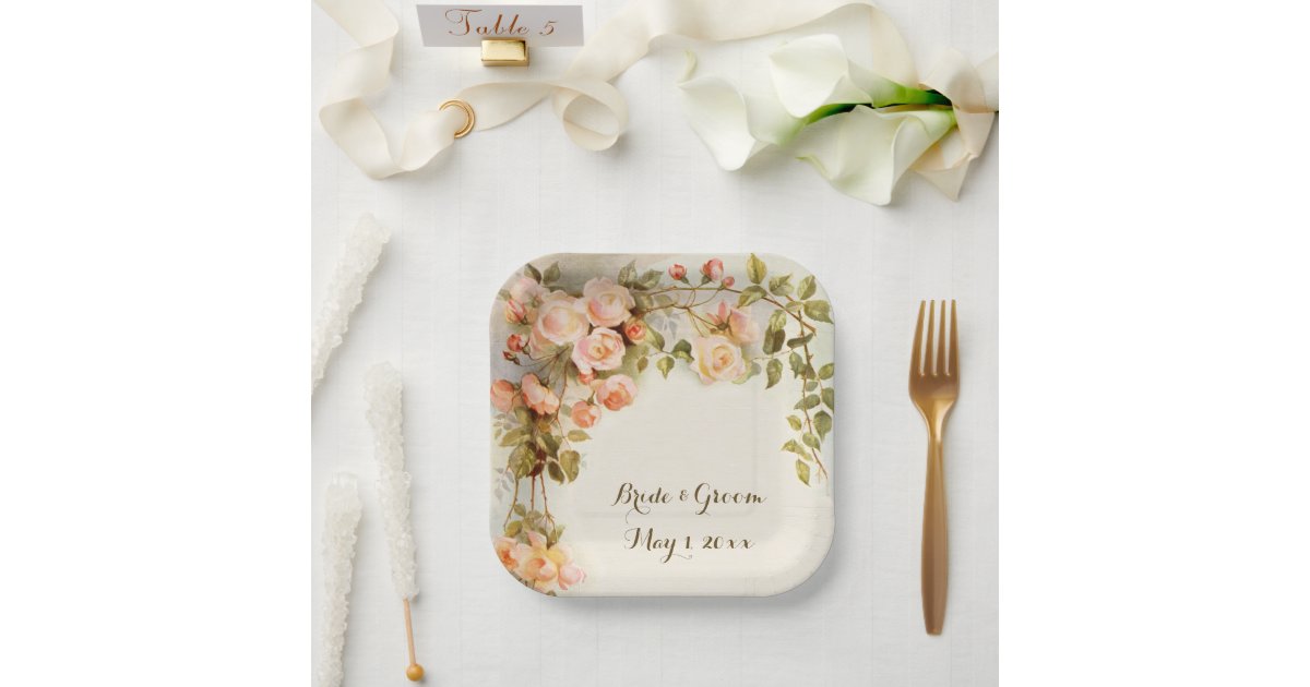Vintage Wedding Antique Pink Rose Flower Paper Plates | Zazzle