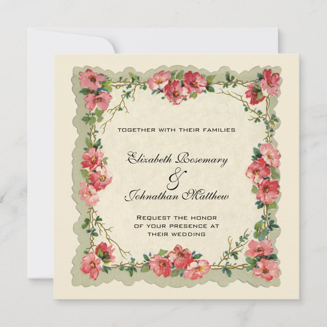 Vintage Wedding, Floral Flower Border Pink Roses Invitation | Zazzle