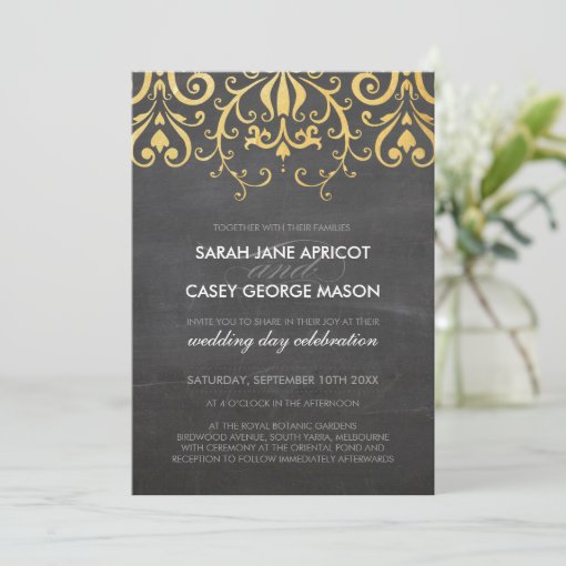VINTAGE WEDDING INVITE filigree gold on chalkboard | Zazzle