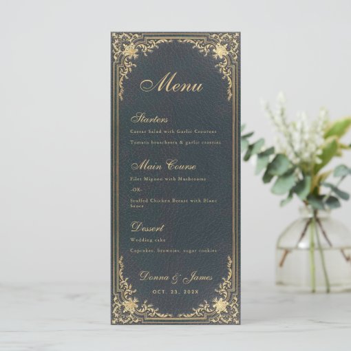 Vintage Wedding Menu - Blue Gold Elegant Script | Zazzle