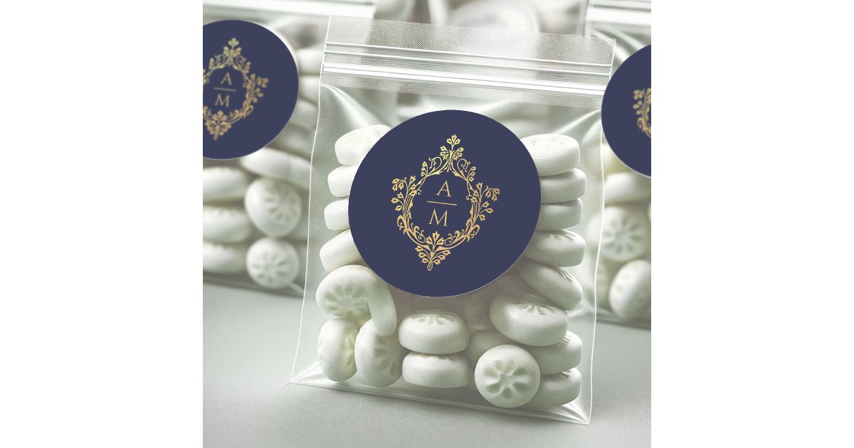 Vintage Wedding Monogram Crest Navy Blue Faux Gold Classic Round ...