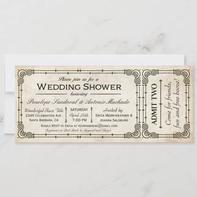 Vintage Wedding Shower Ticket Invitations I | Zazzle