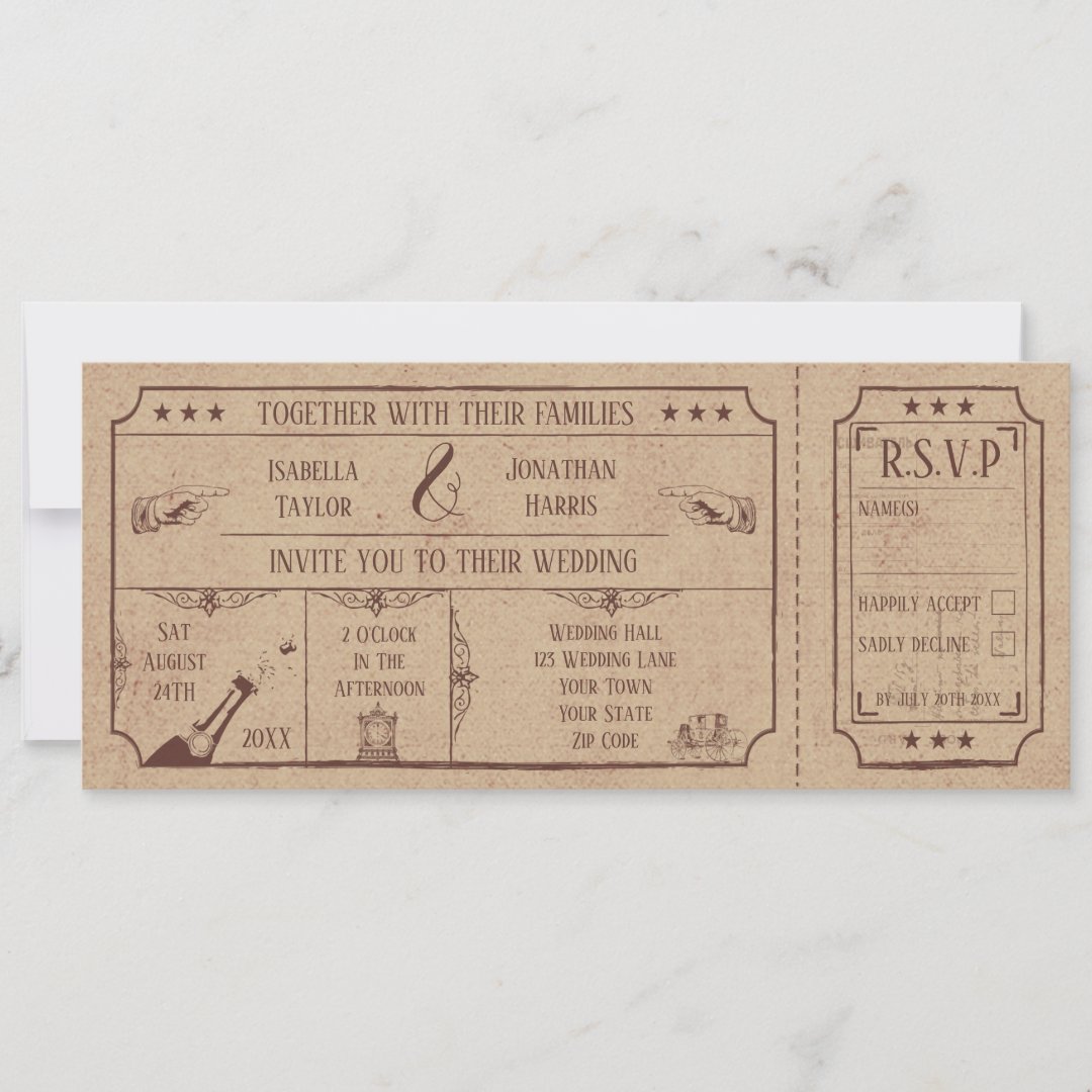 Vintage Wedding Ticket Invite With Attached RSVP | Zazzle