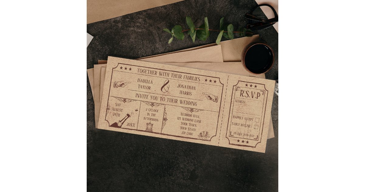 Vintage Wedding Ticket Invite With Attached RSVP | Zazzle