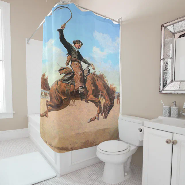 Vintage Western Art Cowboy Bronc Rider Shower Curtain | Zazzle