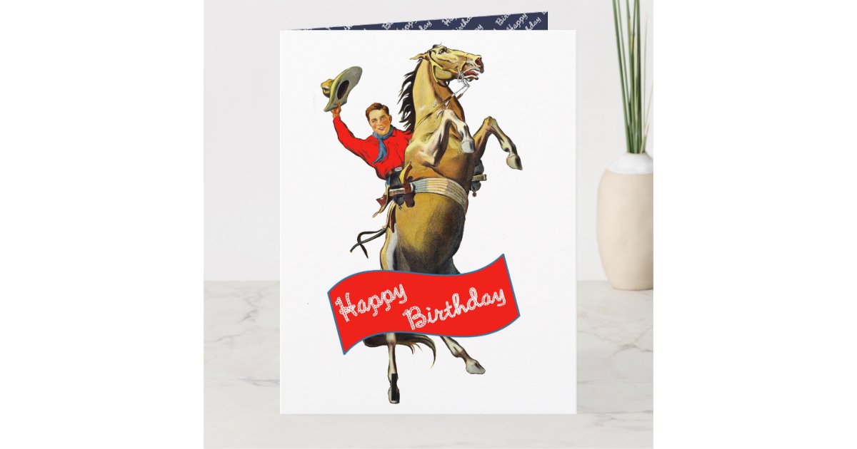 Vintage Western Cowboy Rearing Horse Birthday Card | Zazzle