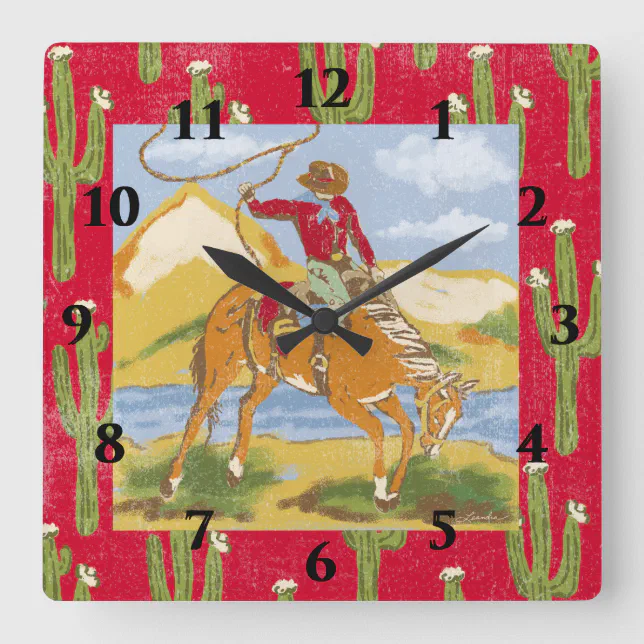 Vintage Western Cowboy Rodeo Square Wall Clock | Zazzle