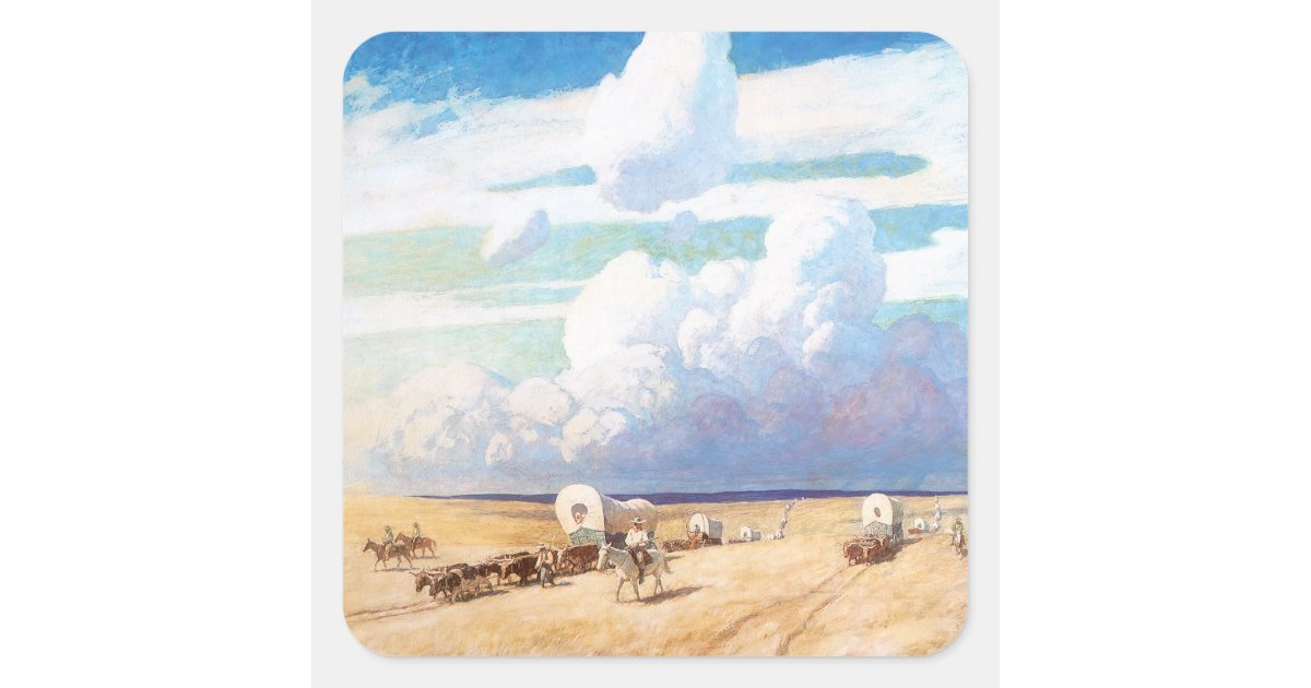 Vintage Western Cowboys, Covered Wagons by Wyeth Square Sticker | Zazzle