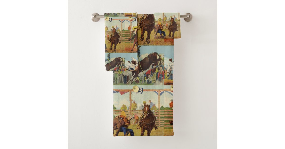 Vintage Western Rodeo Events Cowboys Horses Bulls Bath Towel Set | Zazzle