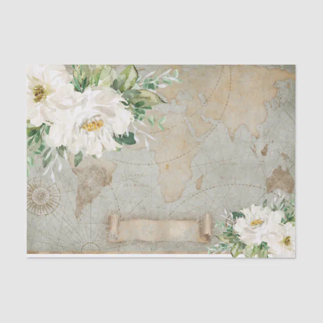 Vintage White Ivory Floral Old World Map Decoupage Tissue Paper | Zazzle