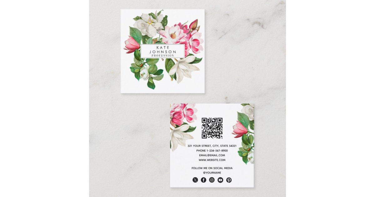 Vintage White & Pink Magnolia Flowers QR Code Square Business Card | Zazzle