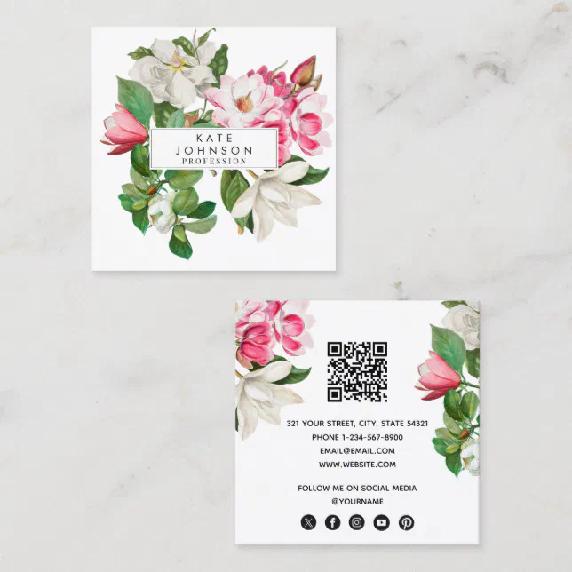 Vintage White & Pink Magnolia Flowers QR Code Square Business Card | Zazzle
