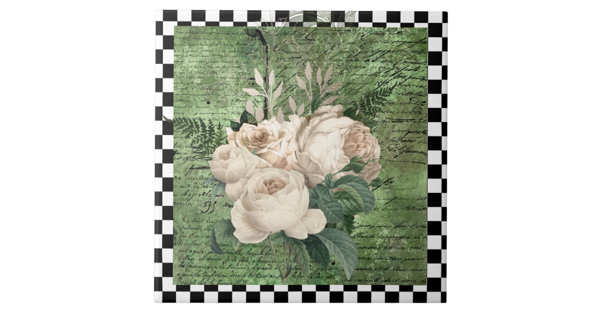 Vintage White Roses & Checkerboard Ceramic Tile | Zazzle