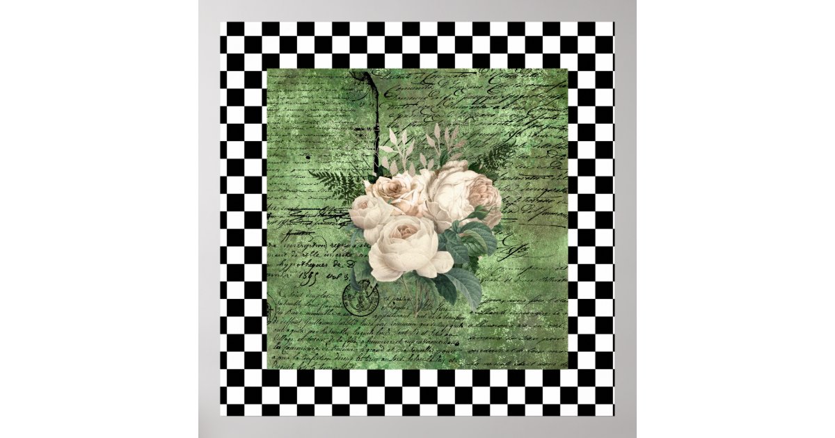 Vintage White Roses & Checkerboard Poster | Zazzle