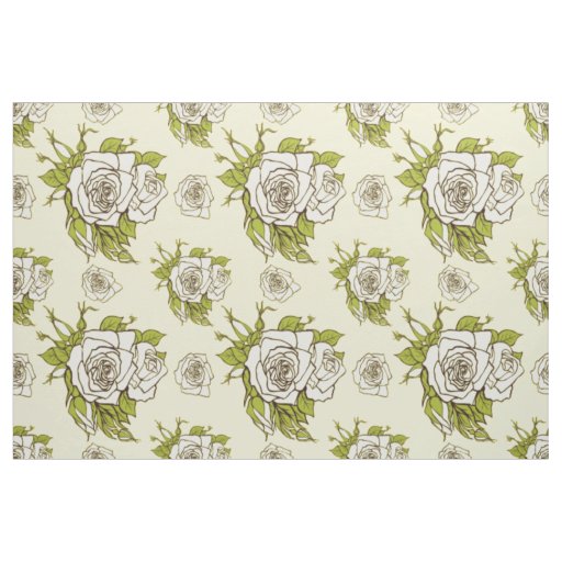 Vintage White Roses Pattern Green Accents Fabric | Zazzle