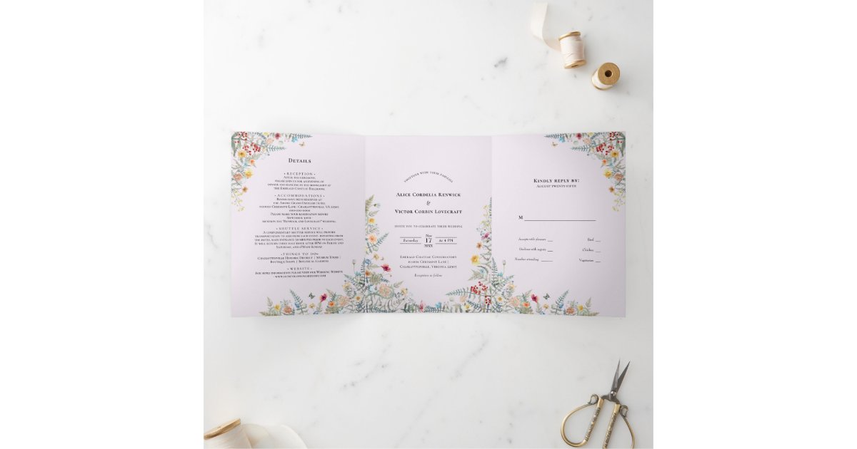 Vintage Wildflower Fern Lavender Wedding Tri-Fold Invitation | Zazzle