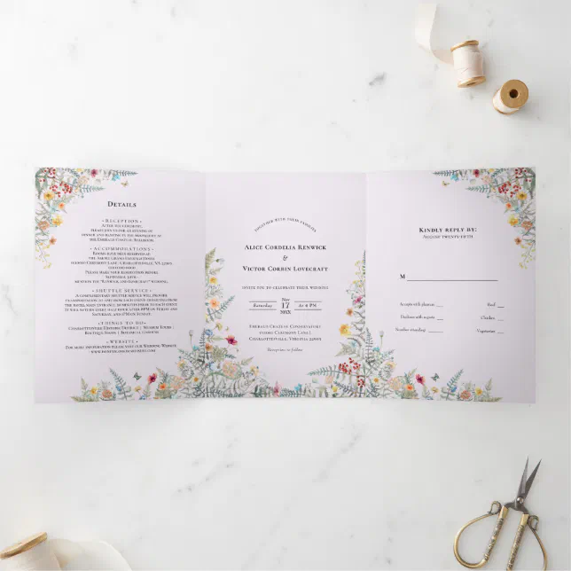 Vintage Wildflower Fern Lavender Wedding Tri-Fold Invitation | Zazzle