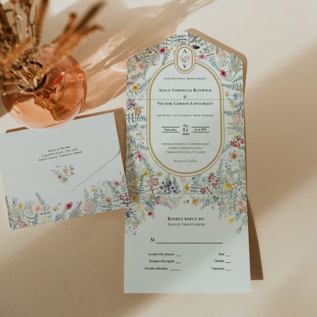 Vintage Wildflower Mint Green Wedding Monogram All In One Invitation ...