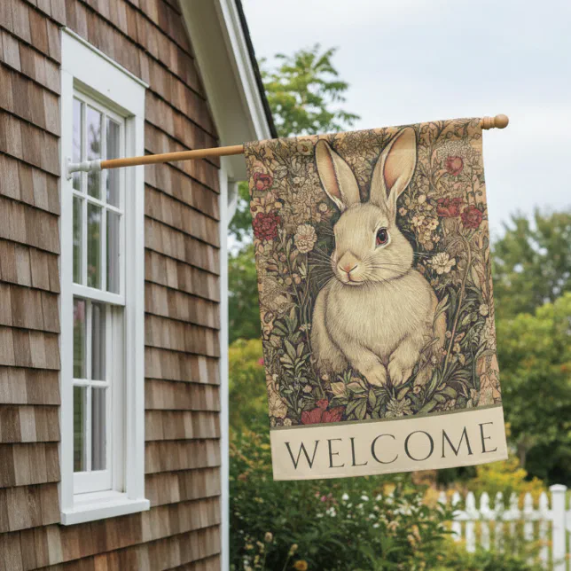 Vintage William Morris Cottage Core Tan Rabbit House Flag | Zazzle
