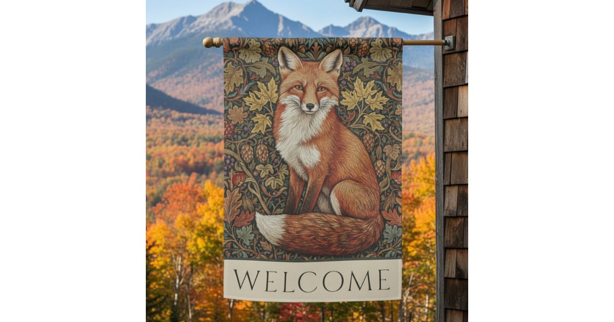 Vintage William Morris Cottage Fox Fall Welcome House Flag | Zazzle