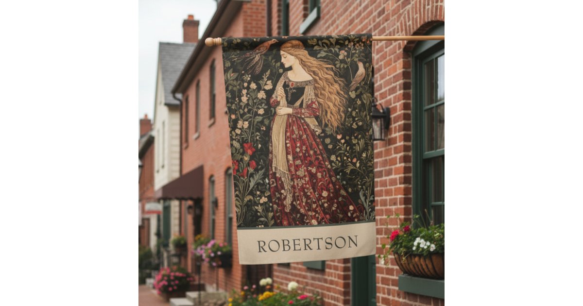 Vintage William Morris Cottage Medieval Woman Name House Flag | Zazzle