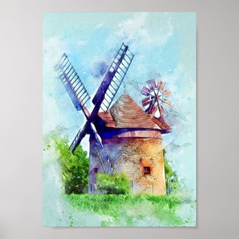 Vintage Windmill Watercolor Painting Poster | Zazzle