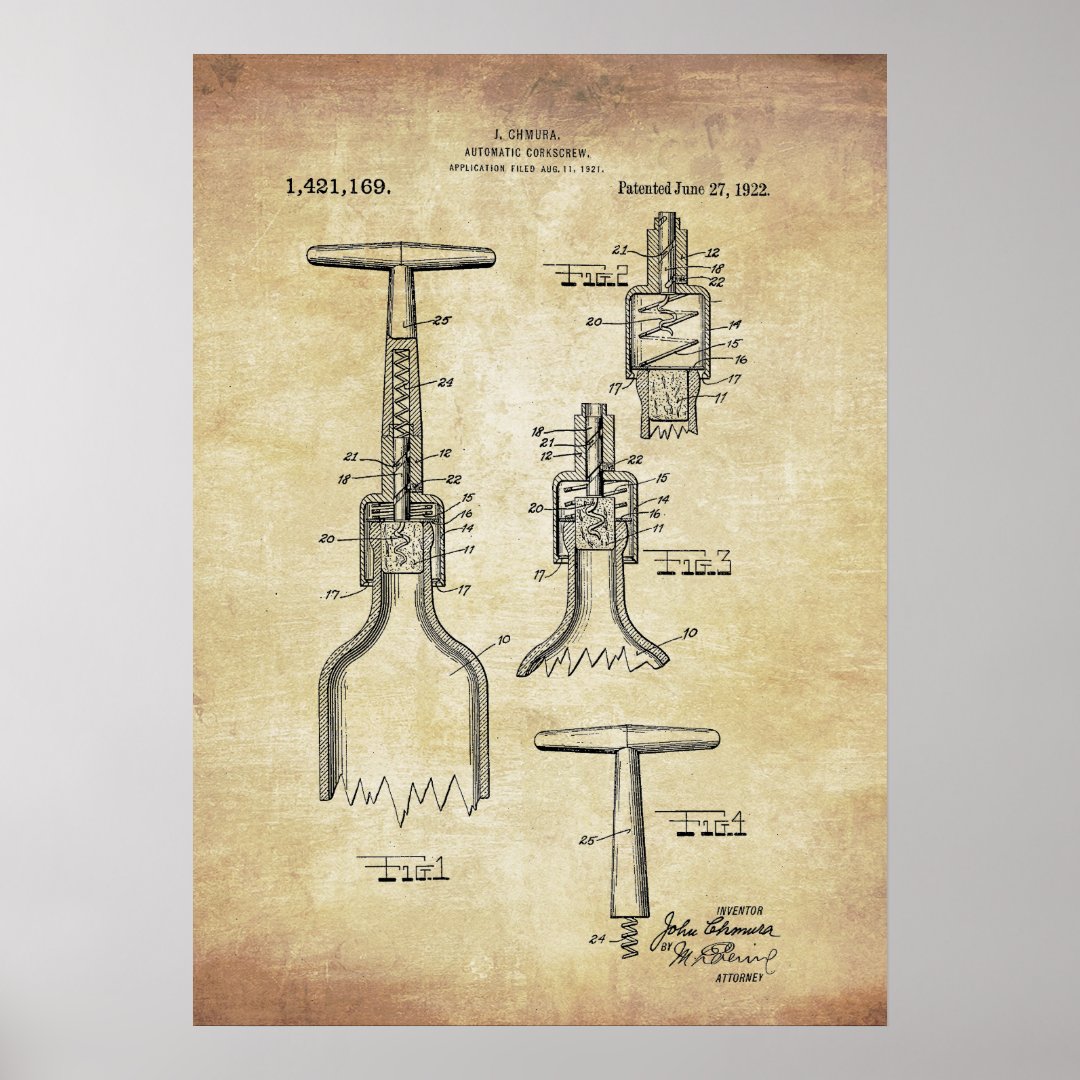 Vintage Wine Corkscrew Patent Poster | Zazzle