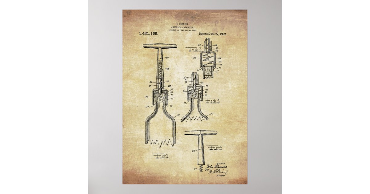 Vintage Wine Corkscrew Patent Poster | Zazzle