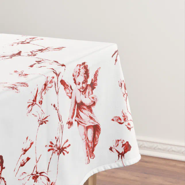 Vintage Winged Cherub Angels Flowers Red Toile Tablecloth | Zazzle