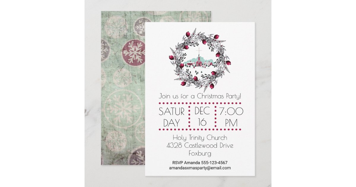 Vintage Winter Church Scene with Christmas Wreath Invitation | Zazzle