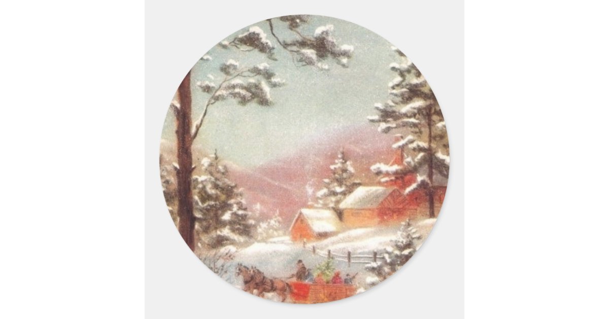 Vintage Winter Country Scene Classic Round Sticker | Zazzle