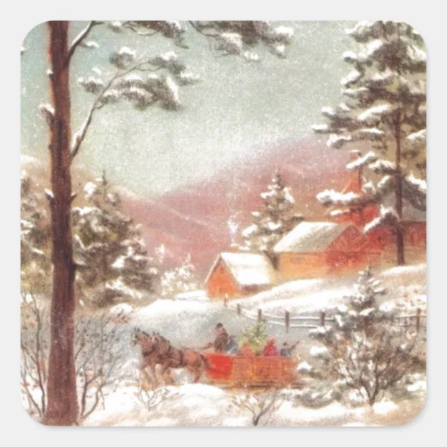 Vintage Winter Country Scene Square Sticker | Zazzle