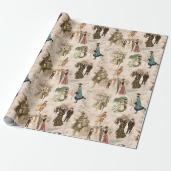 Vintage Winter Fun Snow Scenes Wrapping Paper | Zazzle