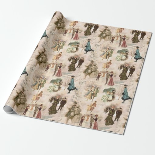 Vintage Winter Fun Snow Scenes Wrapping Paper | Zazzle