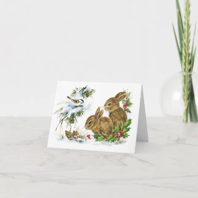 Vintage Winter Rabbits Christmas Card | Zazzle
