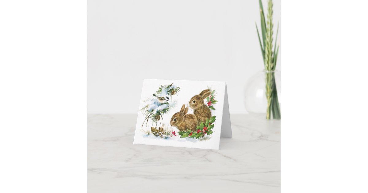 Vintage Winter Rabbits Christmas Card | Zazzle