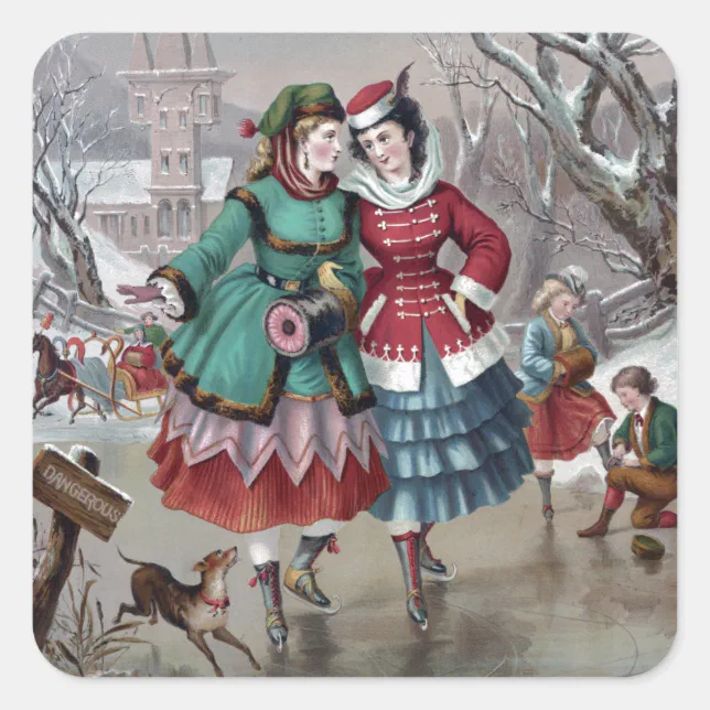 Vintage Winter Skating Scene Square Sticker | Zazzle