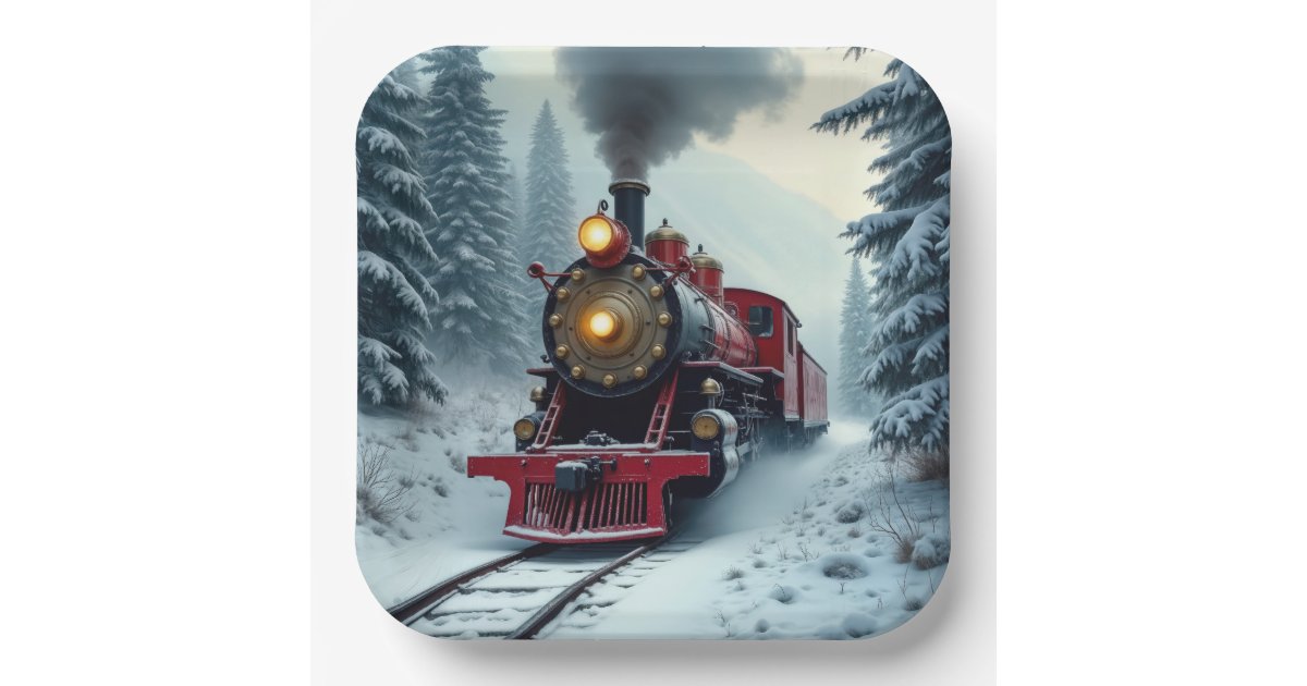 Vintage Winter Steam Locomotive Paper Plates | Zazzle