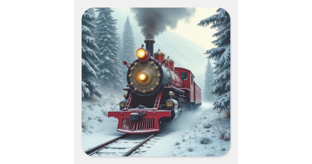 Vintage Winter Steam Locomotive Square Sticker | Zazzle