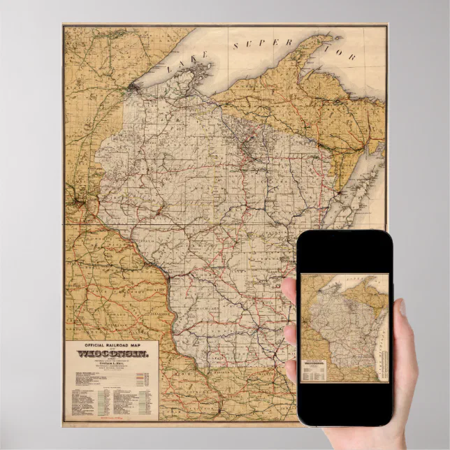 Vintage Wisconsin Railroad Map (1900) Poster | Zazzle